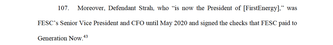 FirstEnergy indicates its treasurer signed checks to Generation Now